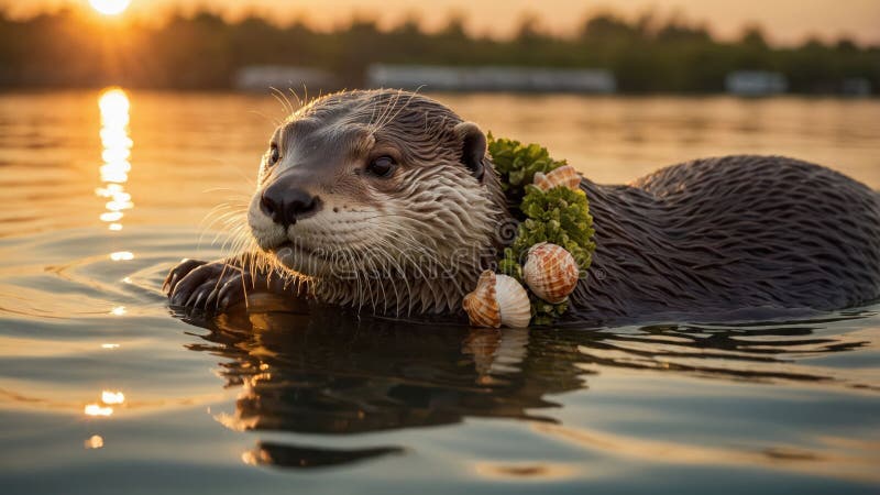 Adorable Otter in Golden Hour with Seashell Garland Stock Illustration ...