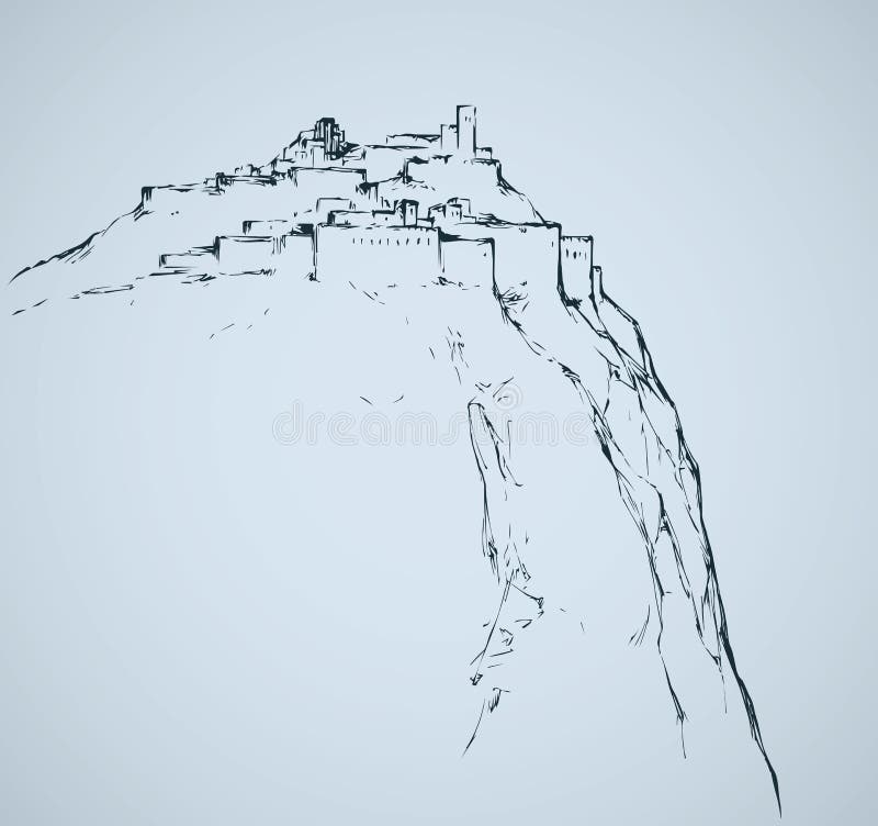 Oude Stad Op Rots Vector Tekening Vector Illustratie - Illustration of ...