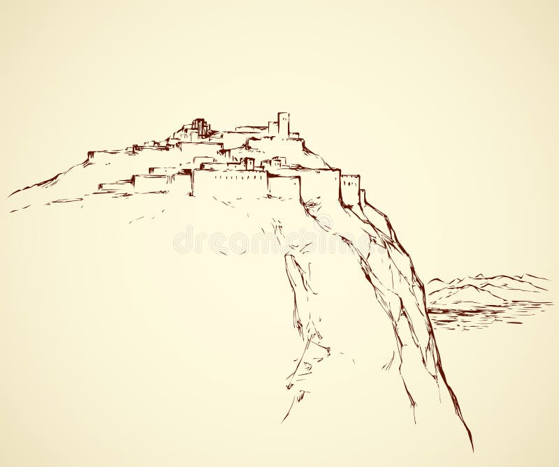 Oude Stad Op Rots Vector Tekening Vector Illustratie - Illustration of ...