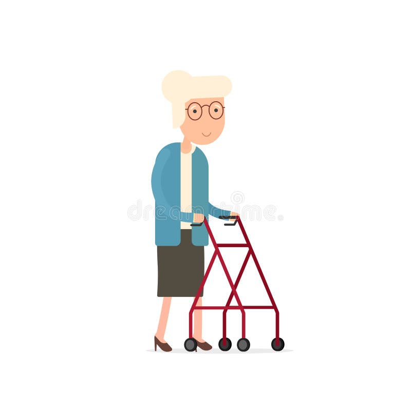 Oude Vrouw Die Met Rollator Lopen Vector Illustratie - Illustration of ...