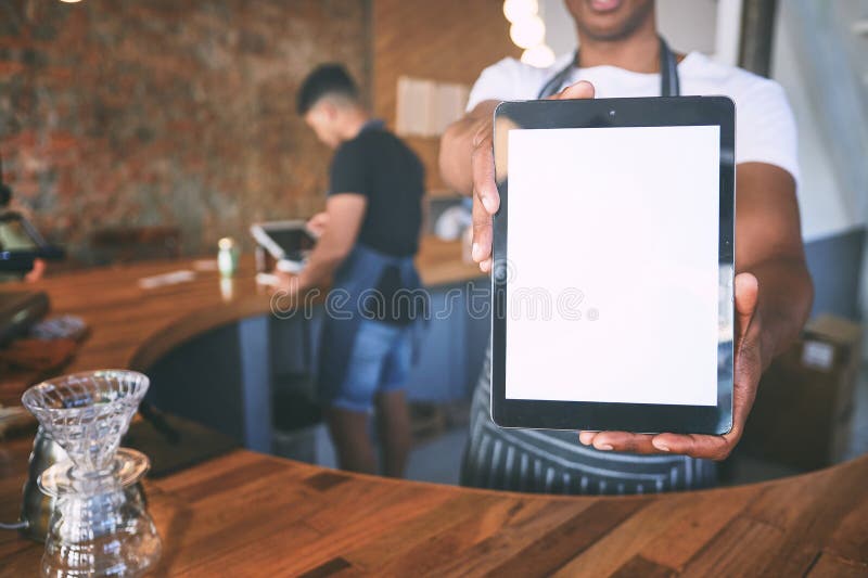 Our Menu is Now in Mobile Form. a Man Showing a Digital Tablet with a ...