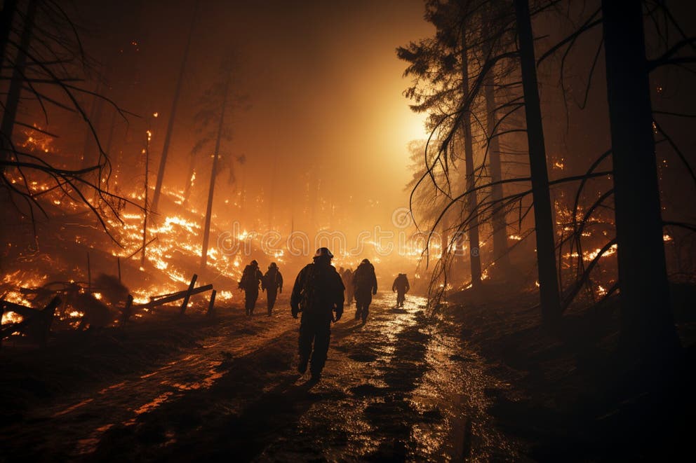 Out-of-control Forest Fire, Brave Firefighters Working the Night Shift ...