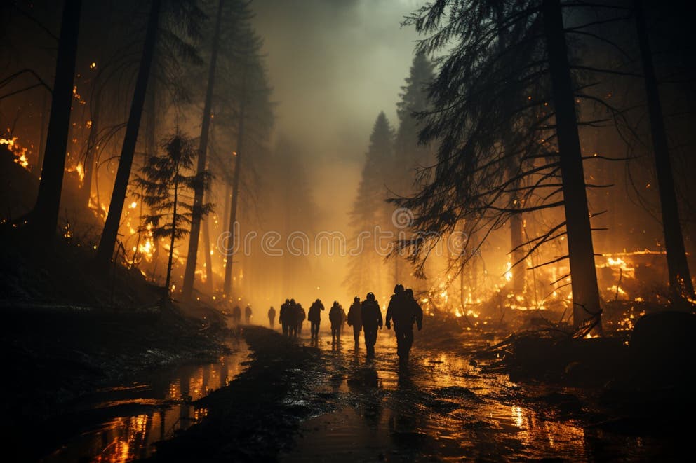 Out-of-control Forest Fire, Brave Firefighters Working the Night Shift ...