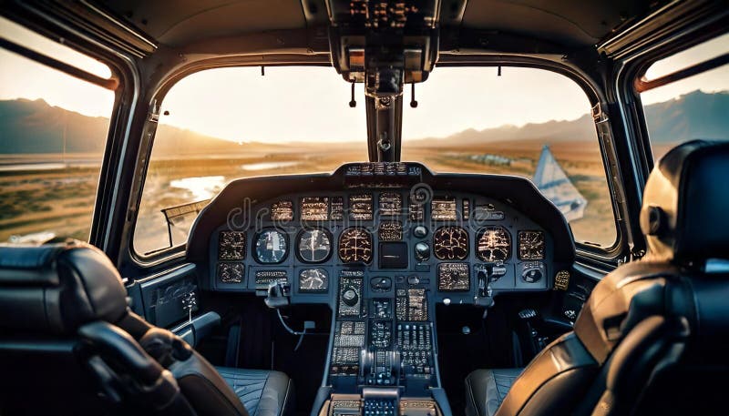 Helicopter Cockpit Lights Up during Sunset on Landing Strip. AI ...