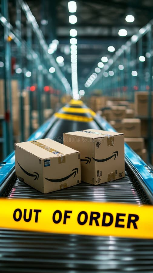 Out of Order Yellow Caution Tape Blocks Conveyor Belt with Packages in ...