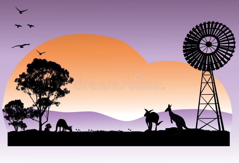 Outback Australia Silhouette Scene of Kangaroos Feeding Stock Vector ...