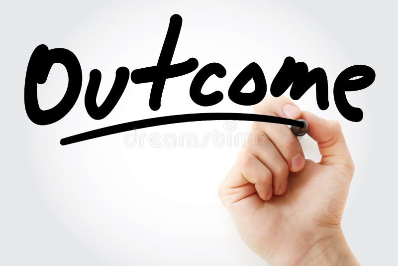 OUTCOME Text on Notepad with Paper Sheet with Pen and Wooden House ...