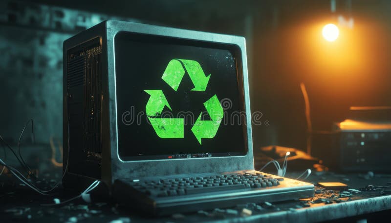 Old Computer Displaying a Green Recycling Symbol in a Dimly Lit Room ...