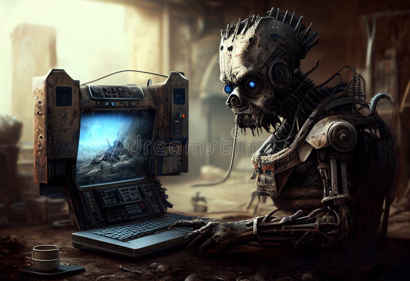An Outdated Cyborg Robot Works on an Old Computer. Gloomy Future Stock ...