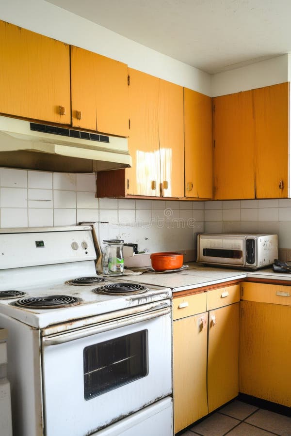 Outdated Kitchen in Need of Renovation with Old Appliances and Yellow ...