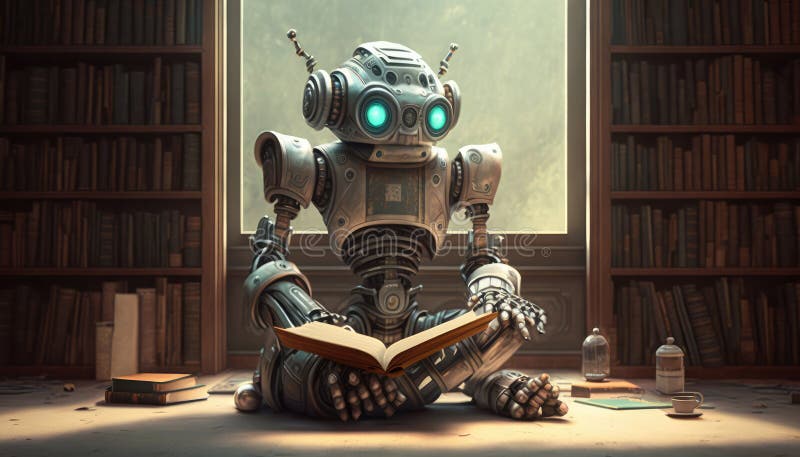 An Outdated Robot Model Reads a Book in a Library. Futuristic Plot ...