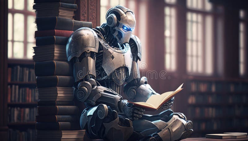 An Outdated Robot Model Reads a Book in a Library. Futuristic Plot ...