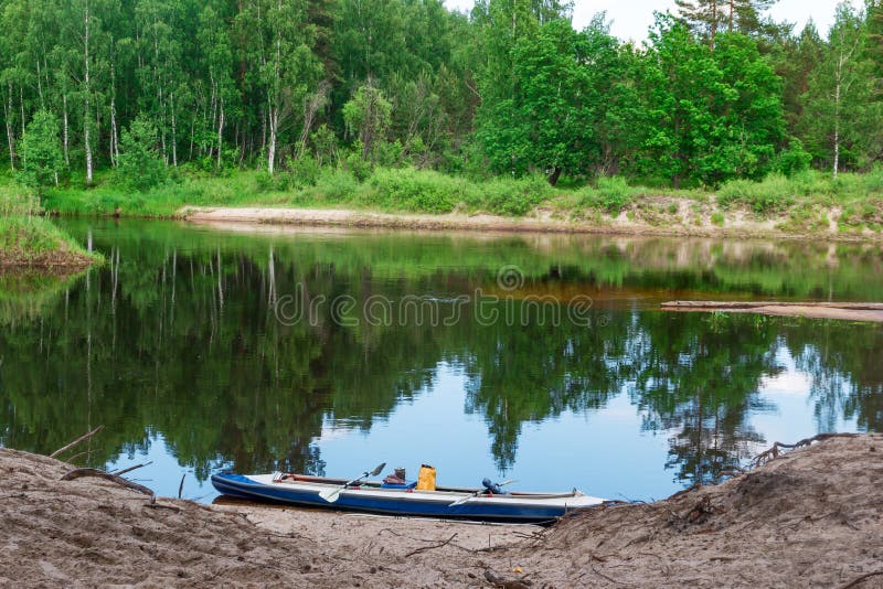 Outdoor Activities Forest River Reflection of Sky and Kayak Stock Image ...