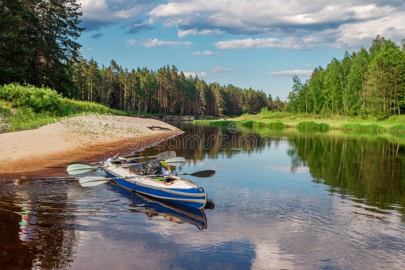 Outdoor Activities Forest River Reflection of Sky and Kayak Stock Image ...