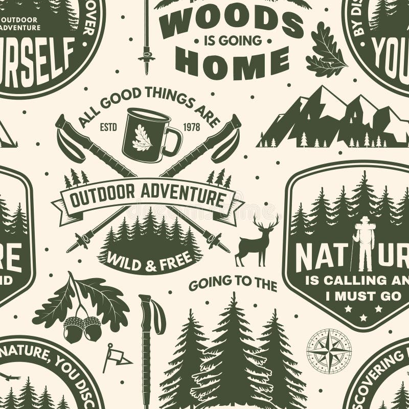 Outdoor Adventure Seamless Pattern with Emblems, Logos. Background ...