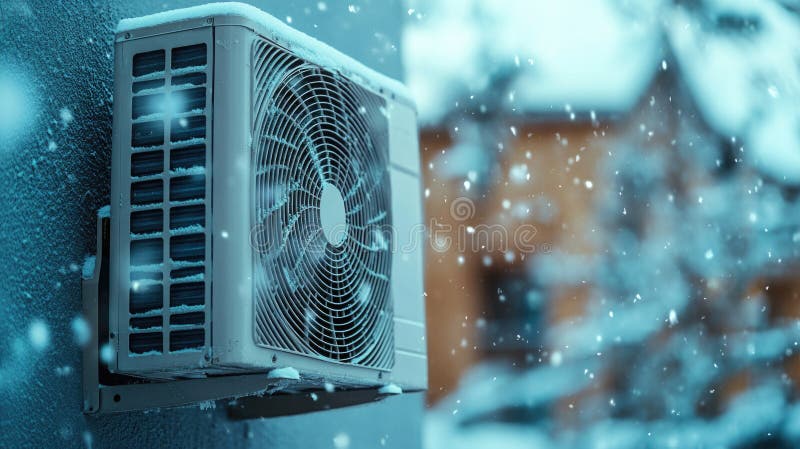 Outdoor Air Conditioner Unit Covered in Snowflakes during Winter Stock ...