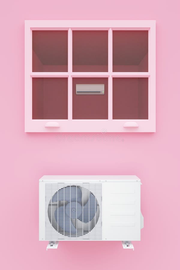 Outdoor and Indoor Air Conditioner Unit on Pink Background with Window ...