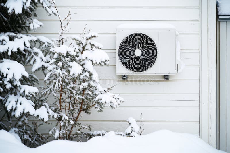 An Outdoor Air Conditioner Unit on the Side Wall of House in Winter ...