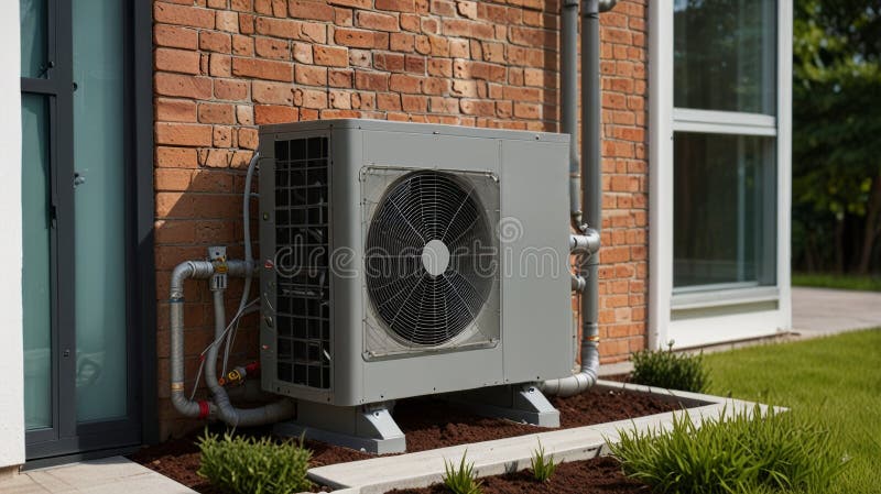 An Outdoor Air Conditioning Unit Installed Against a Brick Wall, with ...