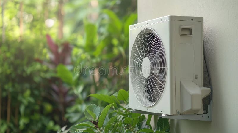 Outdoor Air Conditioning Unit Mounted on a Green Wall Stock ...