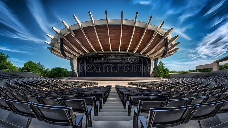 An Outdoor Amphitheater with Empty Seating and a Stage Under a Blue Sky ...
