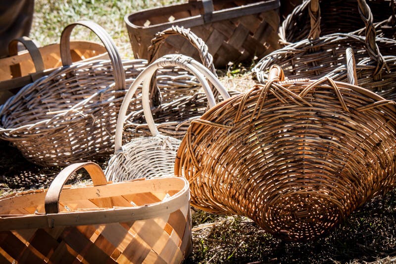 Outdoor Assortment of Baskets Stock Photo - Image of ground, wooden ...