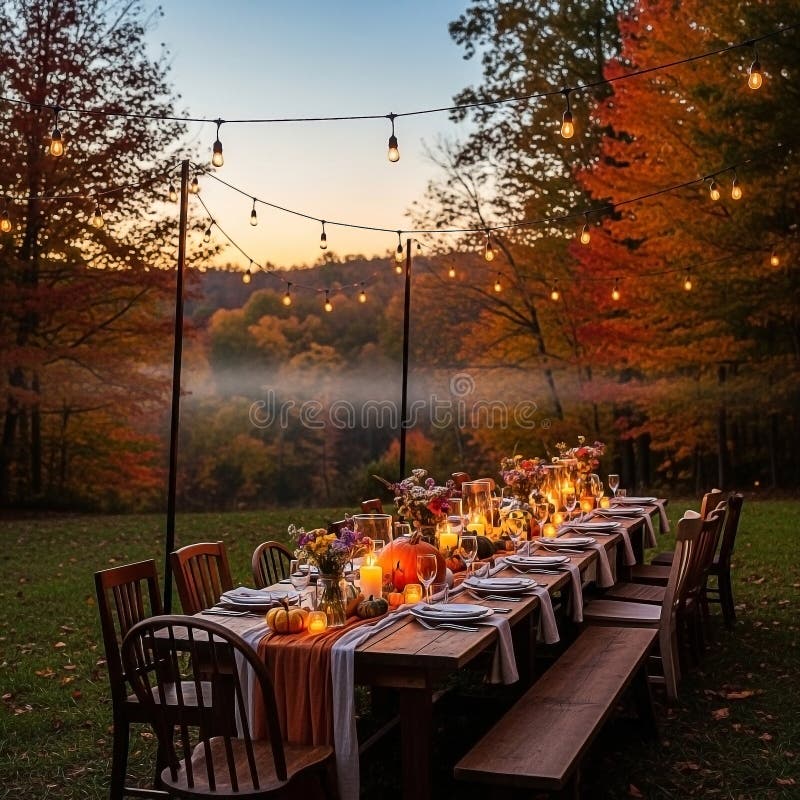 Outdoor Autumn Feast Table String Lights Sunset and Foliage Stock Illustration - Illustration of ...