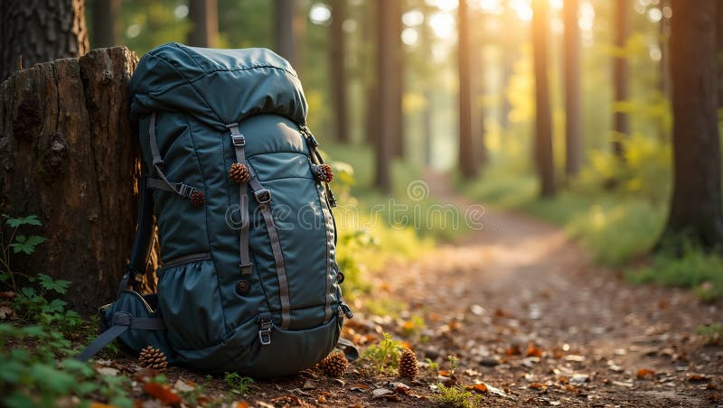 Outdoor Backpack on Tree Stump in Serene Forest Setting Stock ...