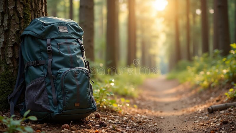 Outdoor Backpack on Tree Stump in Serene Forest Setting Stock ...