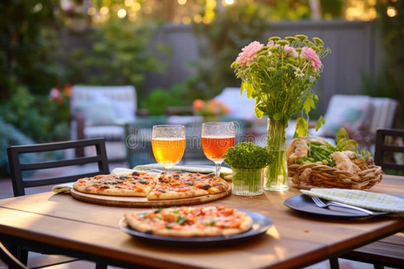 Outdoor Backyard Table Setting with Grilled Pizzas and Drinks Stock ...