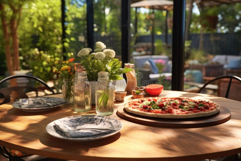 Outdoor Backyard Table Setting with Grilled Pizzas and Drinks Stock ...