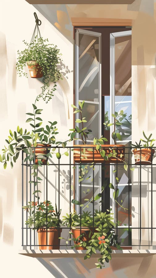 Outdoor Balcony with Various Potted Plants and Open Window Under ...