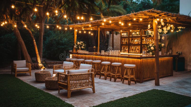 Outdoor Bamboo Bar with String Lights at Night Stock Illustration ...