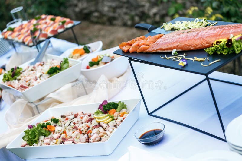 Outdoor Banquet Table with Many Snacks and Delicacies Stock Photo ...