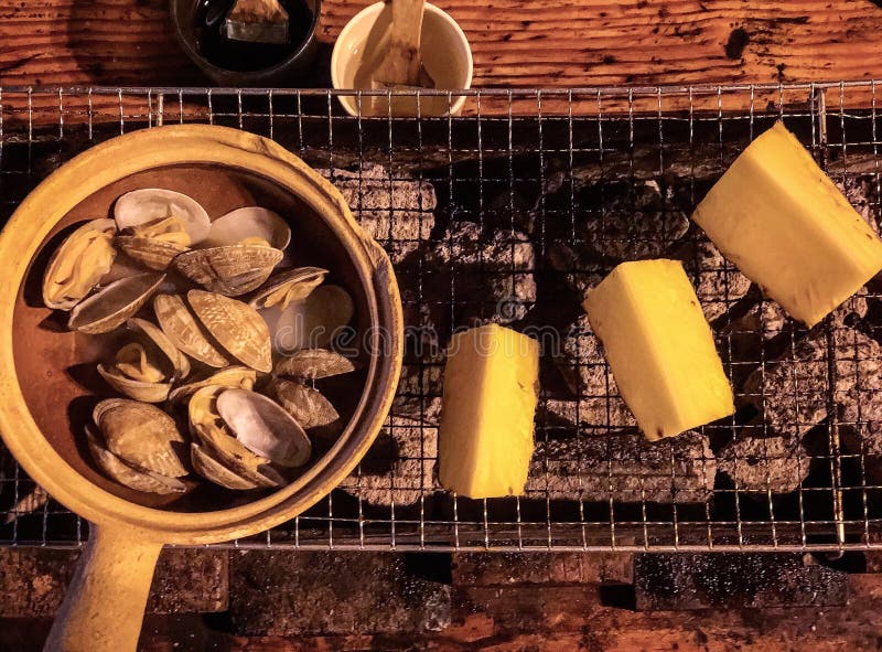 Outdoor Barbecue Pineapple and Seafood Shell Stock Image - Image of ...