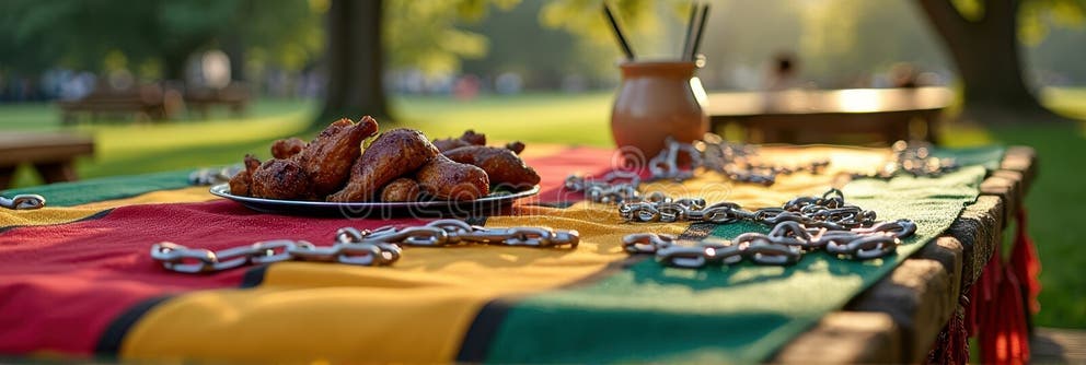 Outdoor Bbq Feast on Colorful Tablecloth with Chains in Sunlit Park ...
