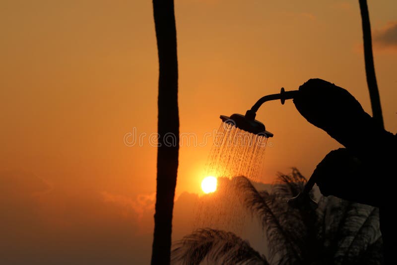 Outdoor Beach Showers with the Red Sky Sunset Stock Image - Image of ...