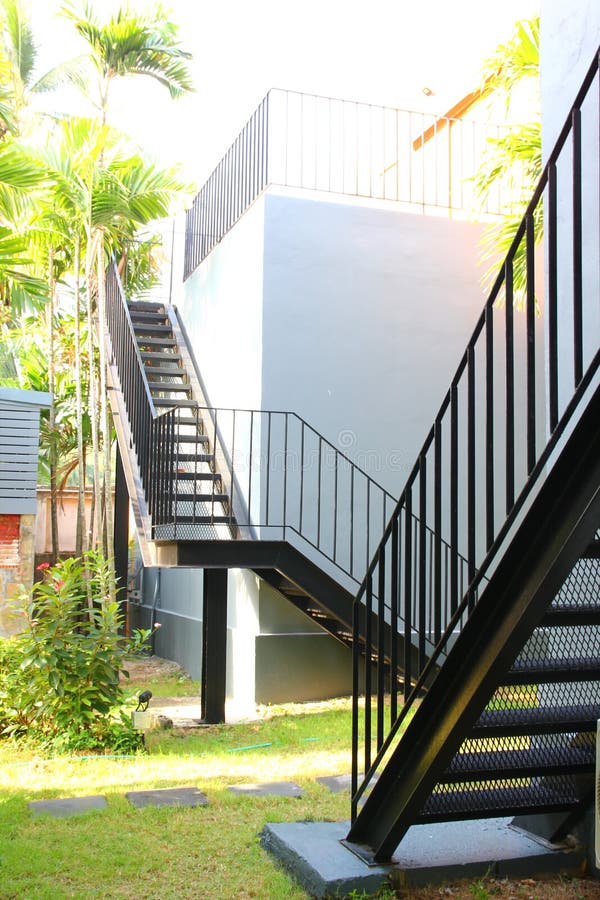 The Outdoor Black Steel Stairs Install Out Side Building. Abstract ...