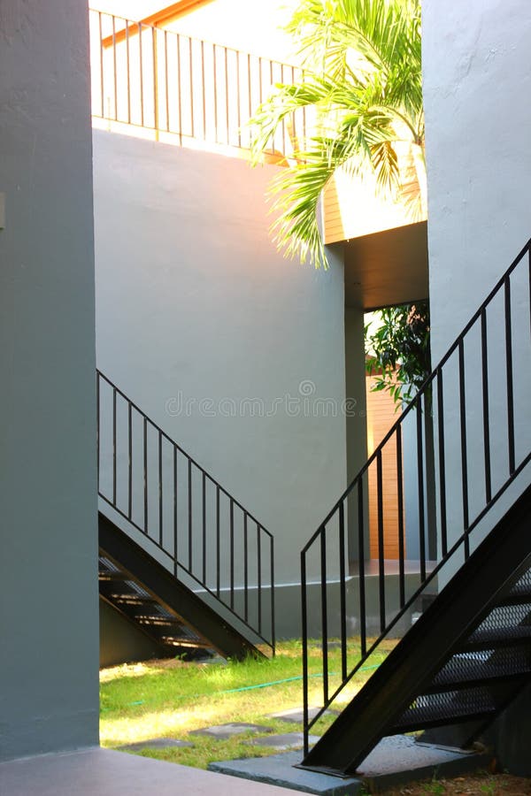 The Outdoor Black Steel Stairs Install Out Side Building. Abstract ...