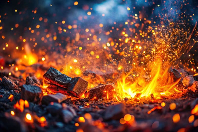 Outdoor Bonfire, Sparks Flying, Night, Embers Glowing Stock ...