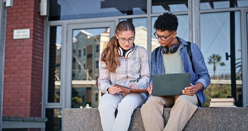 Outdoor, Books or Students Talking for Learning, Studying or Assessment ...