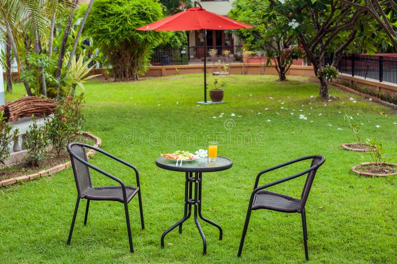 Outdoor Breakfast in the Courtyard Stock Image - Image of color, bread ...