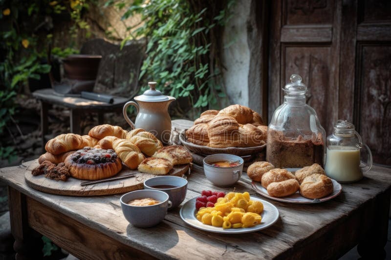 Outdoor Breakfast with Hot Coffee and Pastries Stock Image - Image of ...
