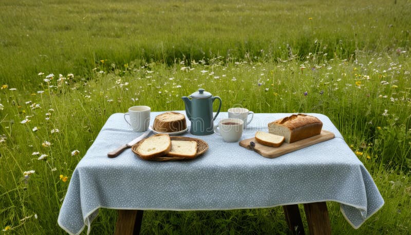 Outdoor Breakfast Setting in a Meadow with Fresh Bread and Tea Stock ...