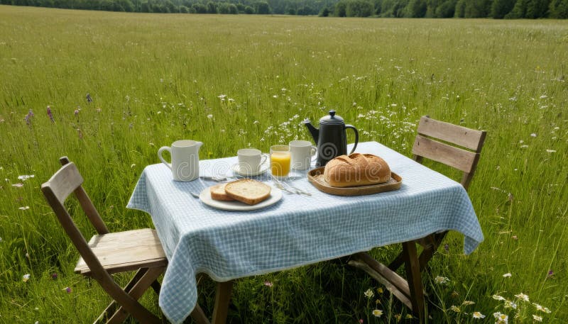 Outdoor Breakfast Setup in a Sunny Meadow with Fresh Bread and Coffee ...