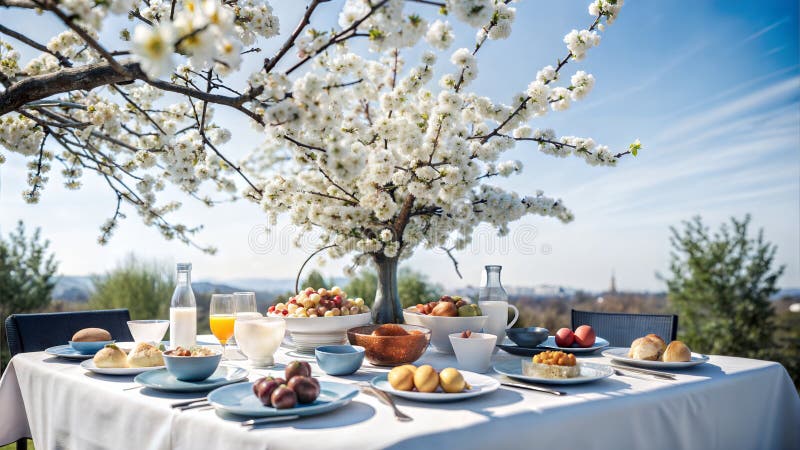 Outdoor Breakfast Table Setting with Blooming Tree and Blue Sky ...