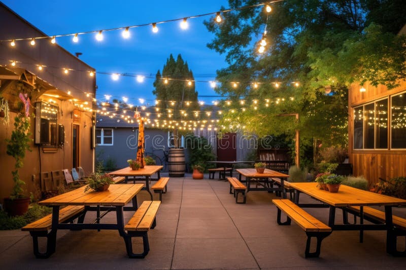 Outdoor Brewery Patio with String Lights and Picnic Tables Stock Photo ...