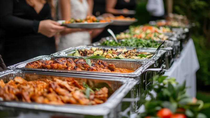 Outdoor Buffet with Assorted Dishes and Serving Trays at Garden Event ...