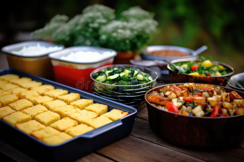 An Outdoor Buffet Featuring Bbq Cornbread Stock Image - Image of ...