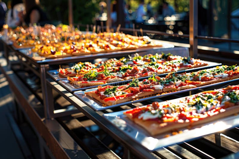 Outdoor Buffet with Gourmet Pizza and Appetizers in a Sunlit Setting ...